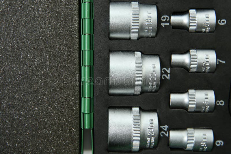 Template of Socket Wrenches in a Case with Foam Rubber with Copy Space ...