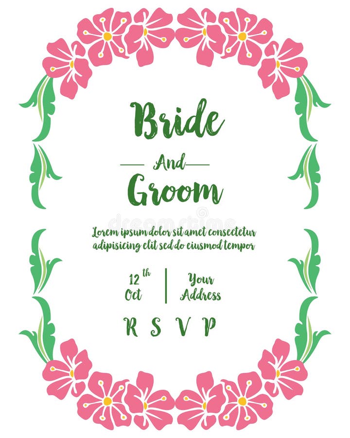 Template Text of Bride and Groom, with Pattern Art of Pink Wreath Frame ...