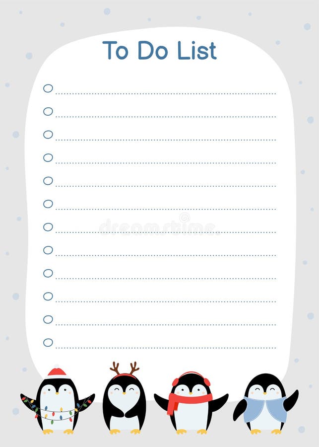 Template for To Do List with Cute Penguins. Hand Drawn Animals with ...
