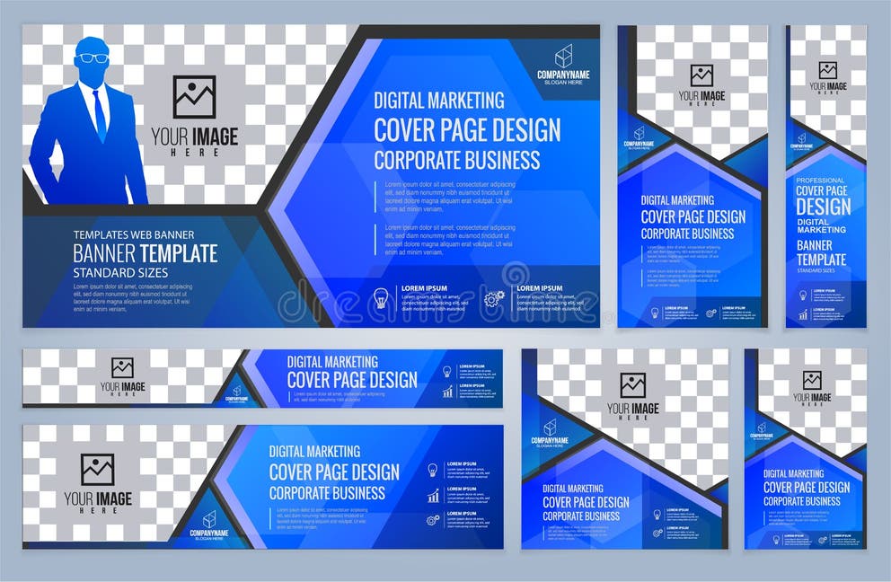 Set of Blue Web Banners Templates, Coverpage Standard Sizes Stock ...
