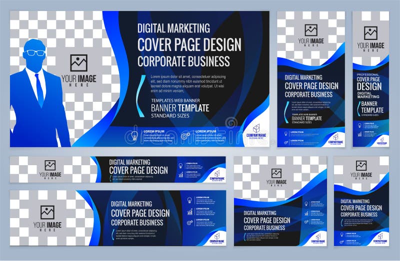 Set of Blue Web Banners Templates, Coverpage Standard Sizes Stock ...
