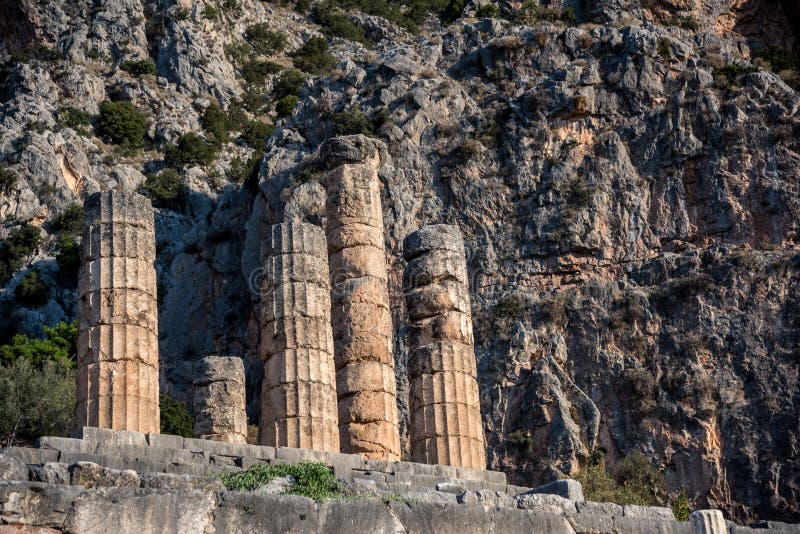 Temple of Apollo and Altar of Chiots in Delphi, Greece Stock Image ...
