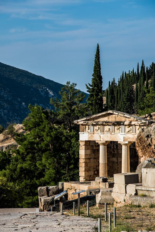 Temple of Apollo and Altar of Chiots in Delphi, Greece Stock Image ...