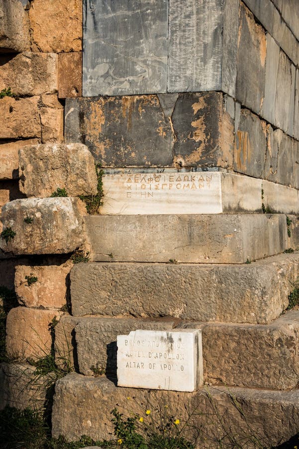 Temple of Apollo and Altar of Chiots in Delphi, Greece Stock Image ...