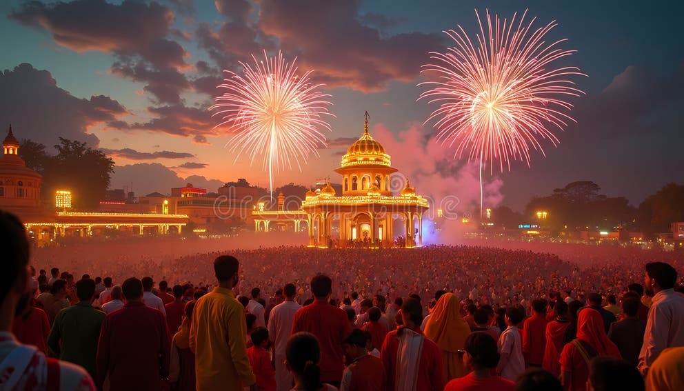 Temple Celebration with Fireworks and Crowd Stock Illustration ...