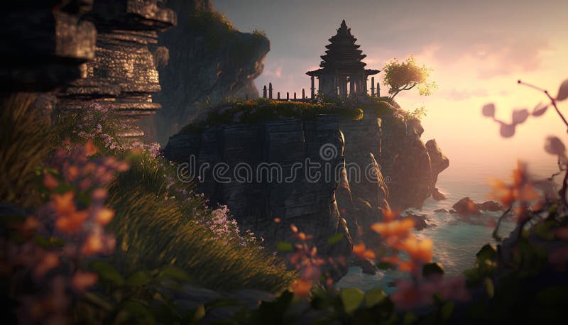 Temple on the Cliff at Sunset. 3d Render Illustration Stock Photo ...