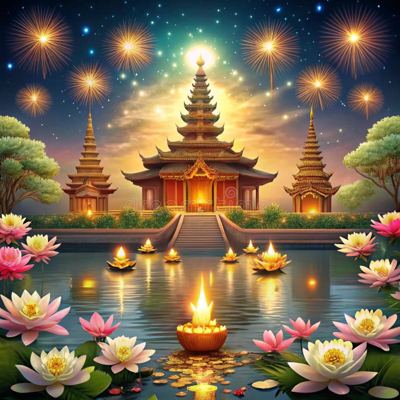 Temple Complex by a Serene Water Body with Floating Lanterns ...