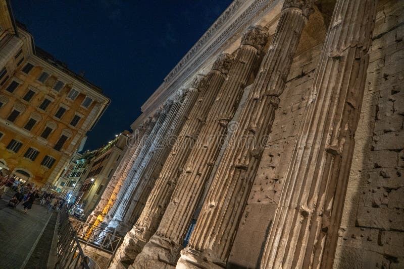 The Temple of the Divine Adrian at Night in Rome Stock Image - Image of ...