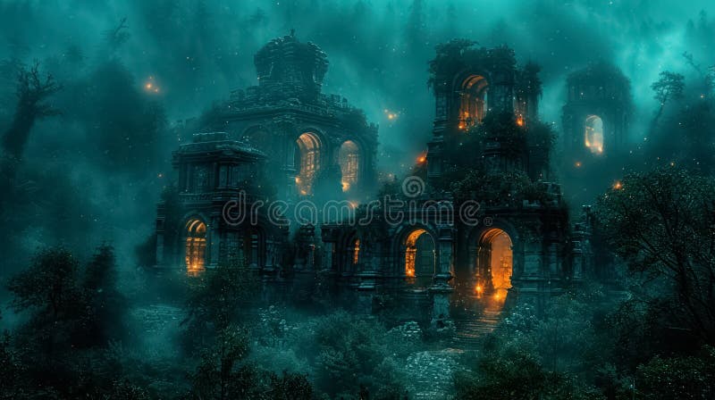Temple in Fantasy Forest at Night, Old Ruins and Magic Light Stock ...