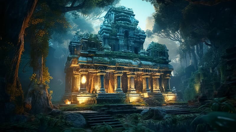 Temple in Fantasy Forest at Night, Old Ruins and Magic Light, Surreal ...