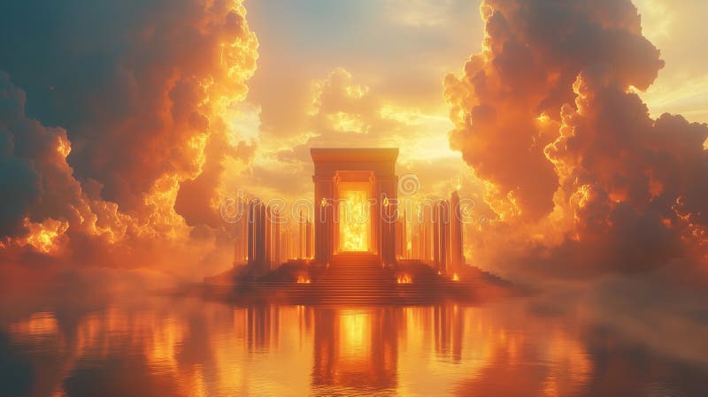 Temple of Fire in a Majestic Cloudscape Reflection Scene Stock ...