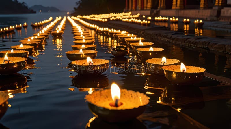 Temple Illuminated by Rows of Lamps, Golden Light Reflecting on the ...