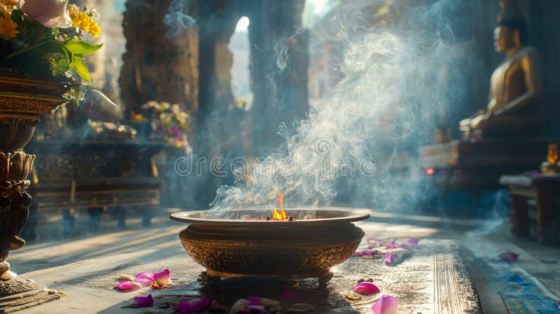 Temple Incense Burning in Golden Censer Bowl Stock Illustration ...