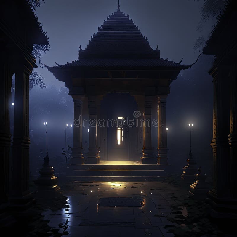 Temple in the Mist at Night. 3D Rendering Stock Illustration ...