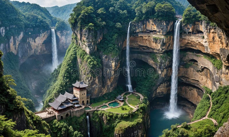 A Temple Perched on a Cliff Overlooking a Dramatic Waterfall in China ...