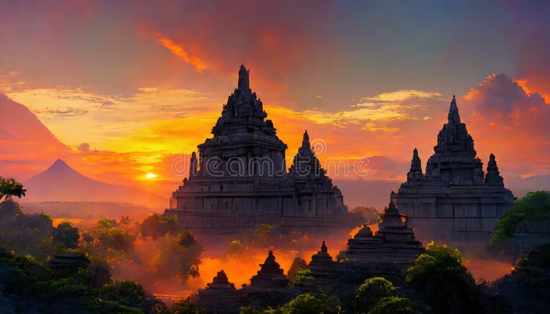 Temple at sunset stock illustration. Illustration of sunset - 329024410