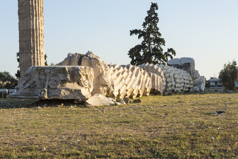 Fallen Column at Temple of Zeus Ruins in Athens, Greece Stock Photo ...