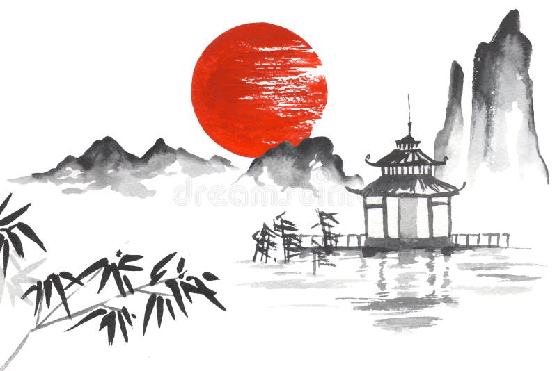 Templo De Pintura Japonês Tradicional Da Montanha De Sun Da Arte De ... Templo De Pintura Japonês Tradicional Da Montanha De Sun Da Arte De ...