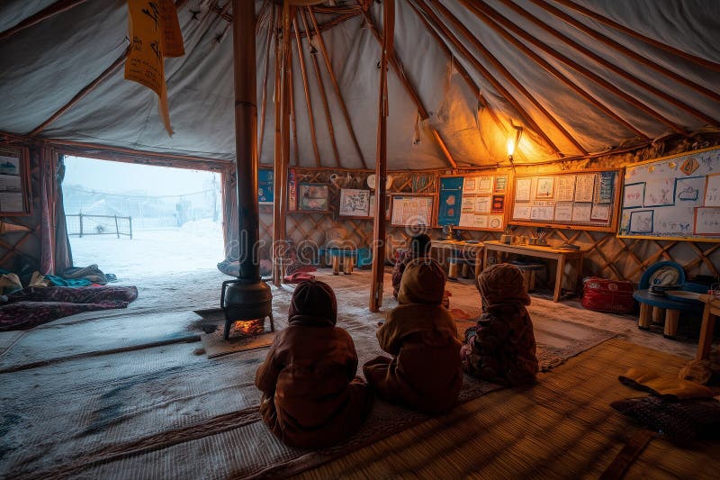 Temporary School Inside Mongolian Ger with Children in Traditional ...