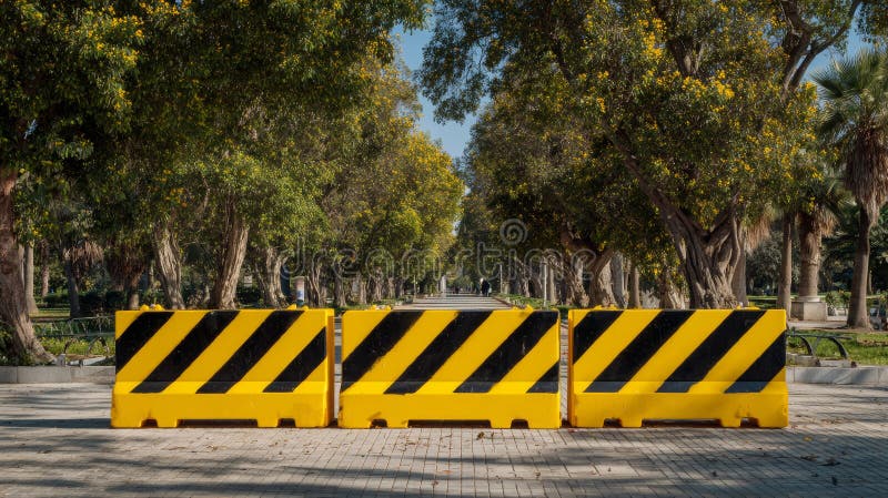 Temporary Construction Barricade with Black and Yellow Stripes Blocking ...