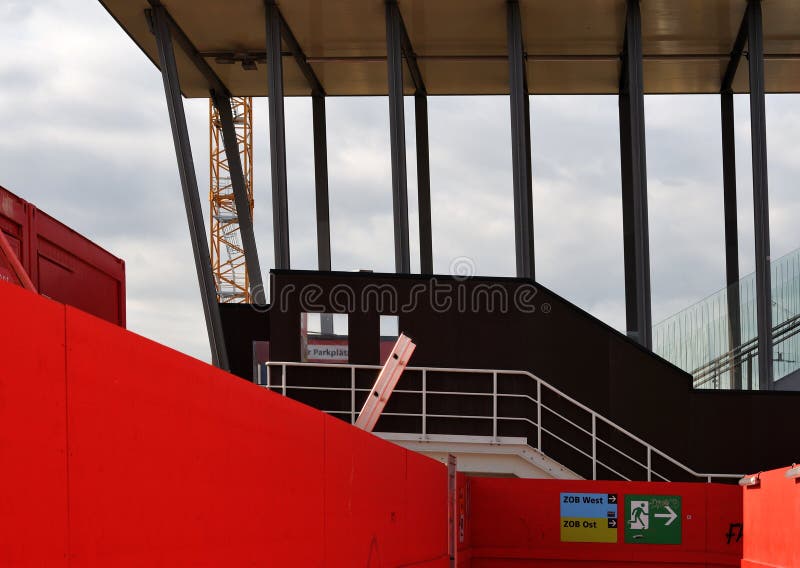 Temporary Corridor of Red Walls at Large Construction Site Stock Photo ...