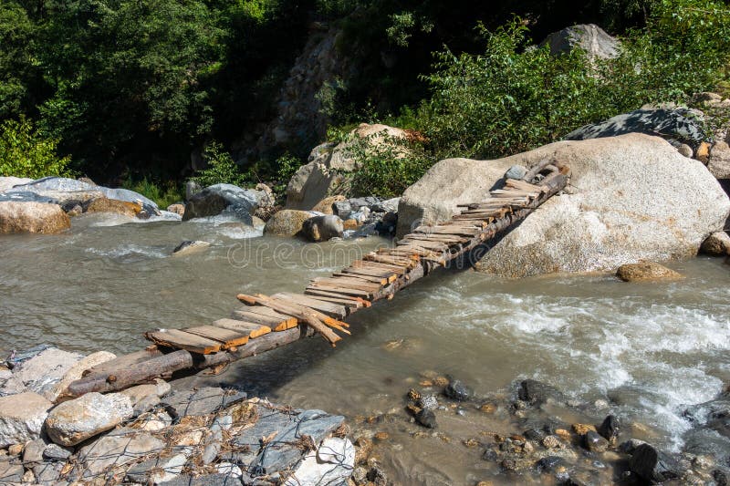 Temporary Handmade Log Bridge Over Forest River in Himachal Pradesh ...