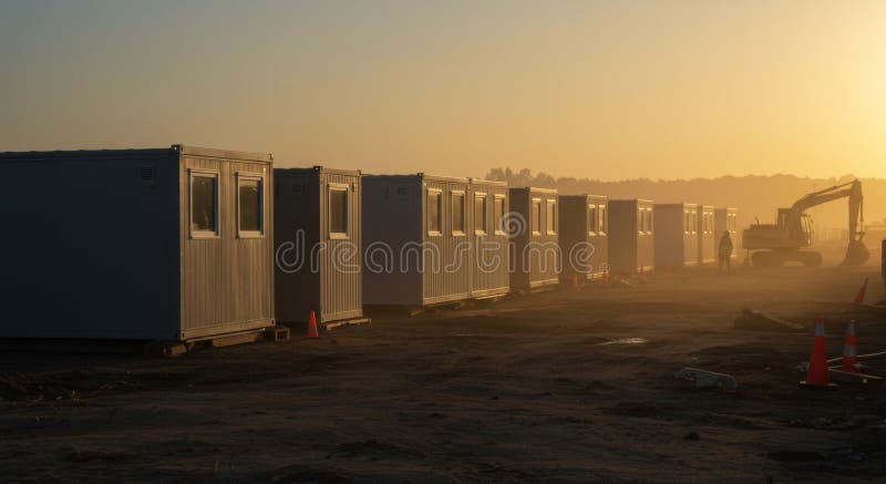 Temporary Housing Units Under Construction at Sunset Stock Illustration ...