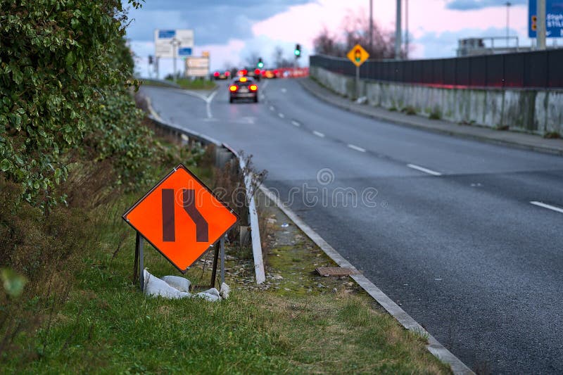 Temporary Road Sign Indication Road Narrowing from Right, Dublin ...