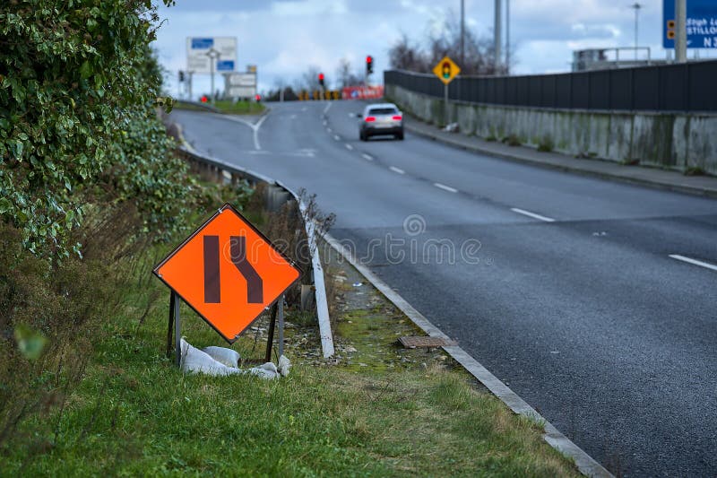 Temporary Road Sign Indication Road Narrowing from Right, Dublin ...