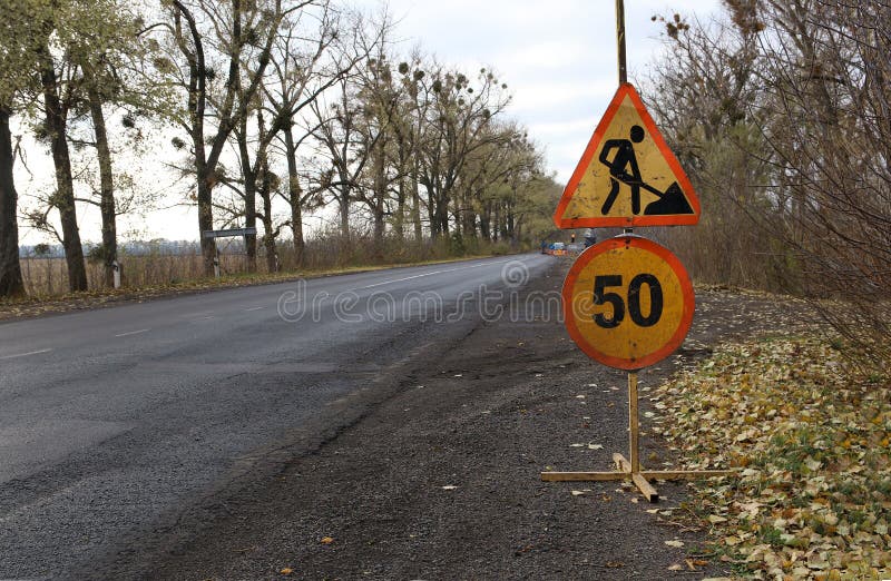 Temporary Road Sign. Road Repair Stock Photo - Image of signs, speed ...