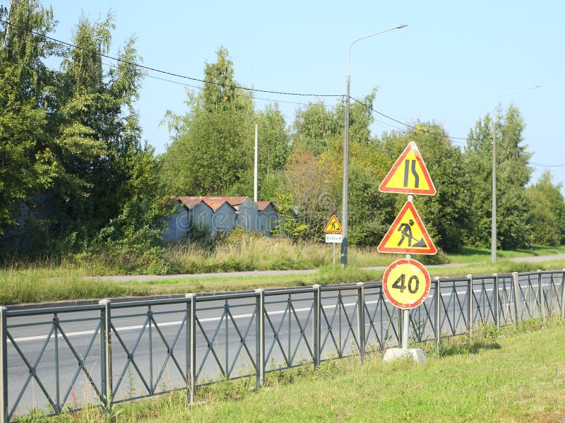 Temporary Road Signs are Installed on the Side of the Highway Stock ...