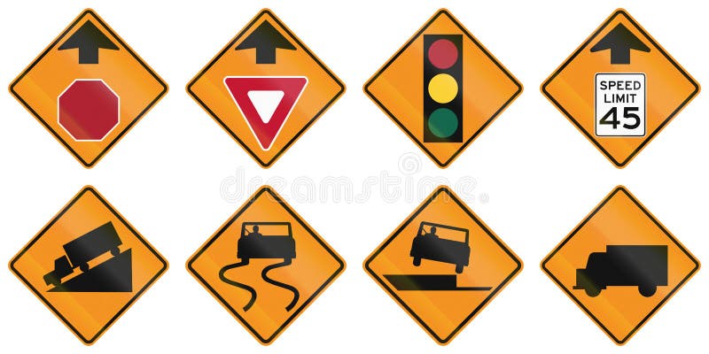 Collection of Road Condition Warning Signs Used in the USA Stock ...