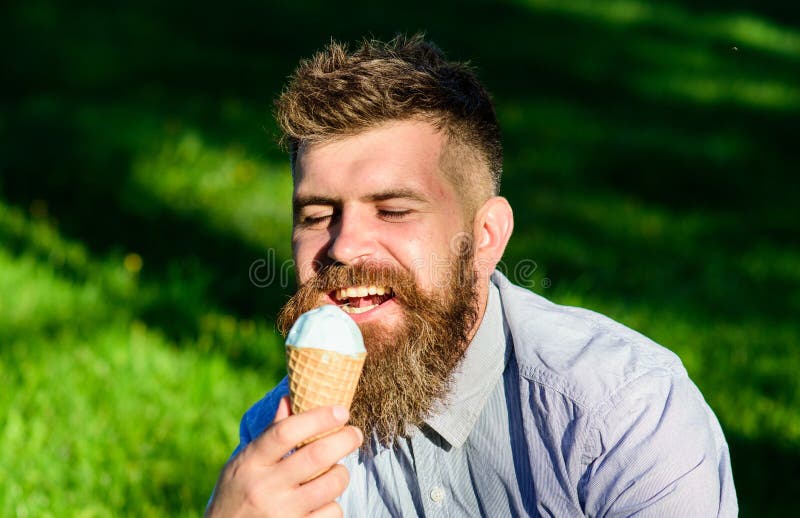 Temptation Concept Bearded Man With Ice Cream Cone Man With Beard And