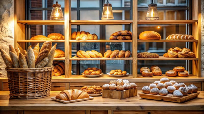 A Tempting Array of Freshly Baked Bread and Pastries Displayed on Wooden Shelves and a Counter ...