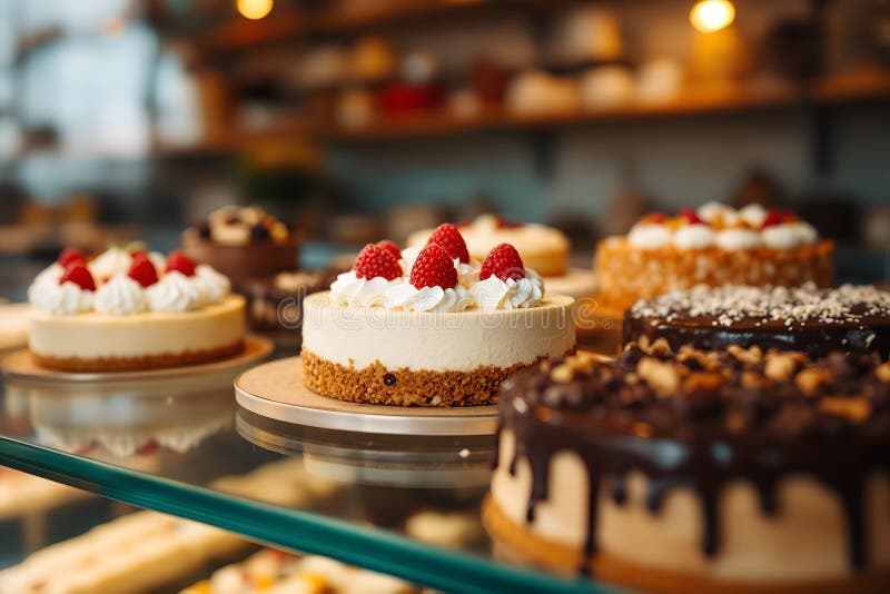 Tempting Display of Assorted Cakes in a Bakery Stock Illustration ...
