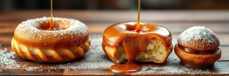 Delicious Assortment of Freshly Made Donuts Drizzled with Caramel and ...