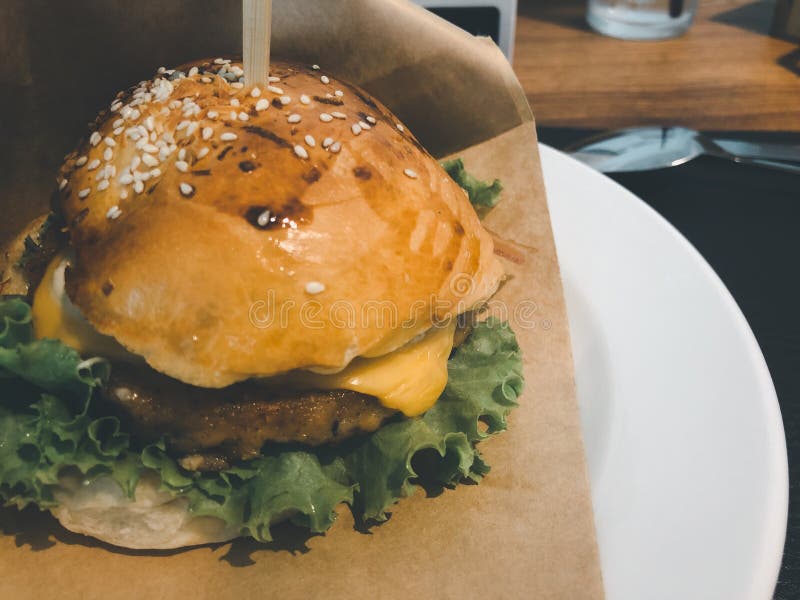 Tempting Fast Food Dinner Hamburger Stock Image - Image of onion ...