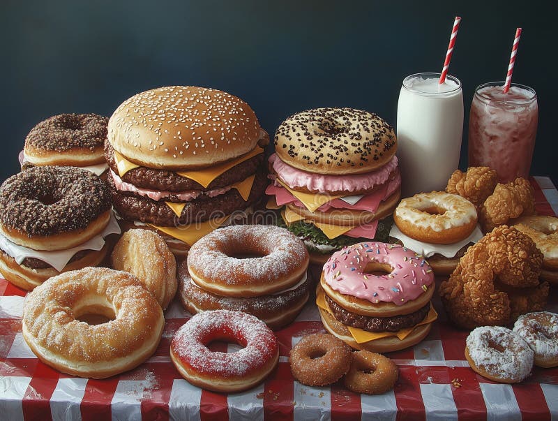 Tempting Fast Food Overload Stock Illustration - Illustration of donuts ...