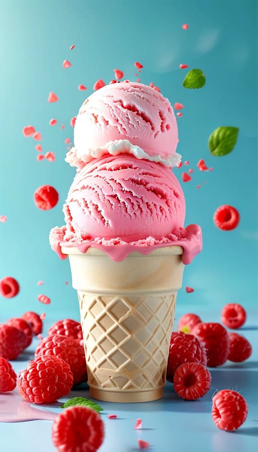 Delicious Raspberry Ice Cream Cone Topped with Fresh Fruit and Mint ...