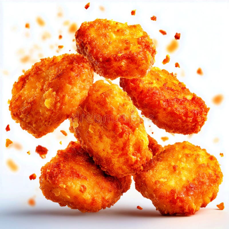 Delicious Crispy Chicken Nuggets Falling on a White Surface Stock ...