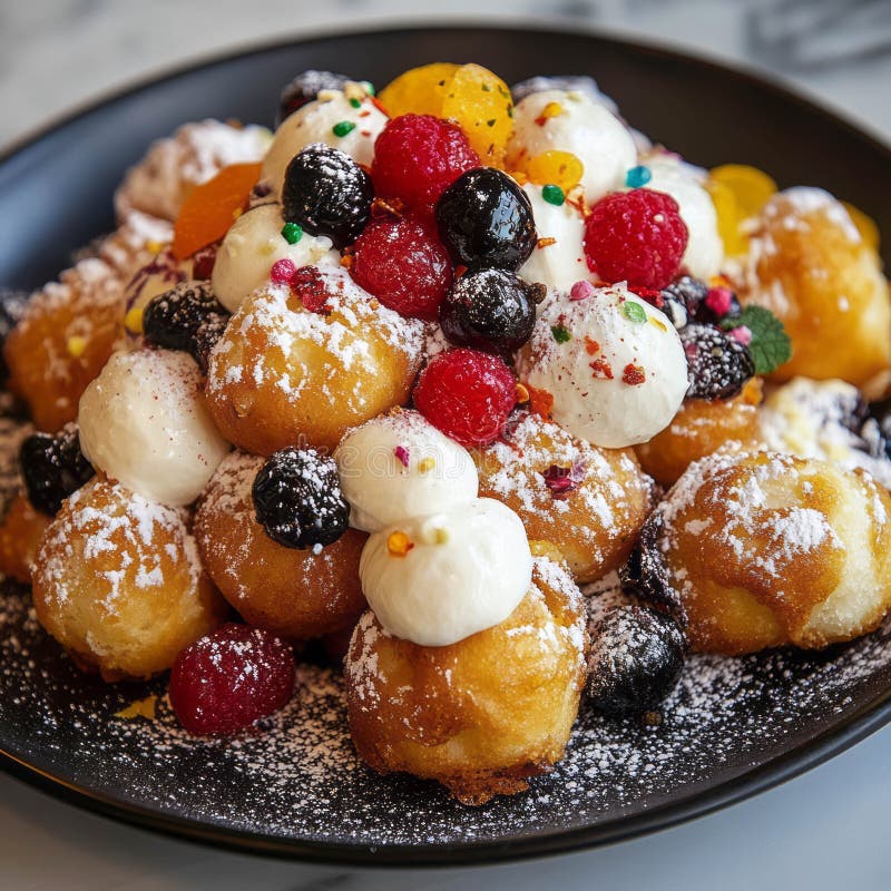 Tempting Plate of Zeppole with Cream and Berries for Dessert Indulgence ...