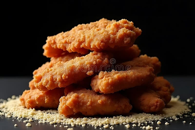 A Tempting Stack of Fried Chicken Tenders Sit on Crumbs Against a Dark ...