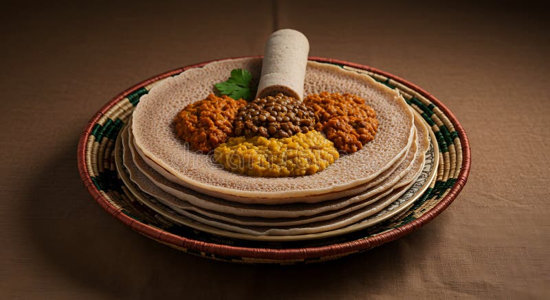 A Tempting Stack of Injera with Colorful Lentil Stews on Rustic Plate ...