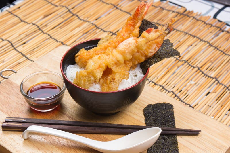 Tempura on rice stock image. Image of rice, prawn, ingredient - 85702247