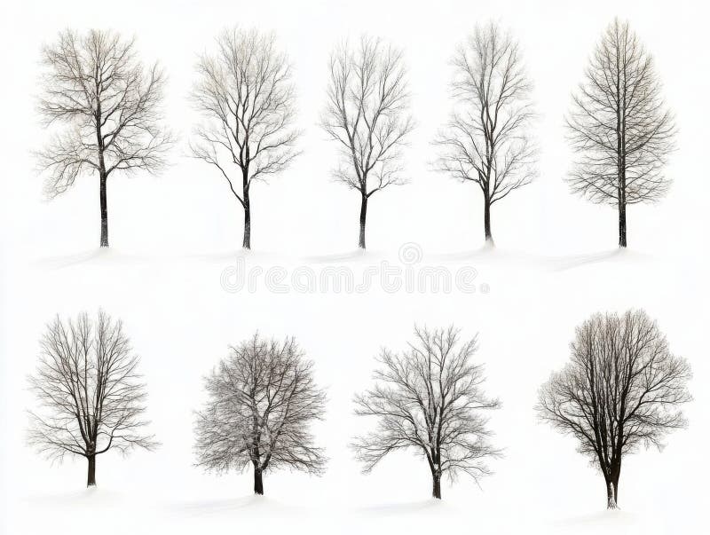 Ten Bare Trees Stand in the Snow during Winter Solitude Stock ...