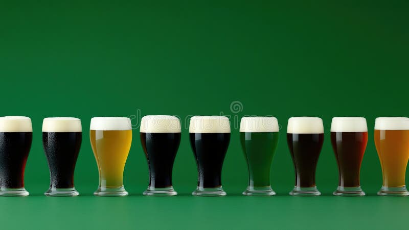 Ten Beer Varieties on Green Background Stock Photo - Image of glass ...