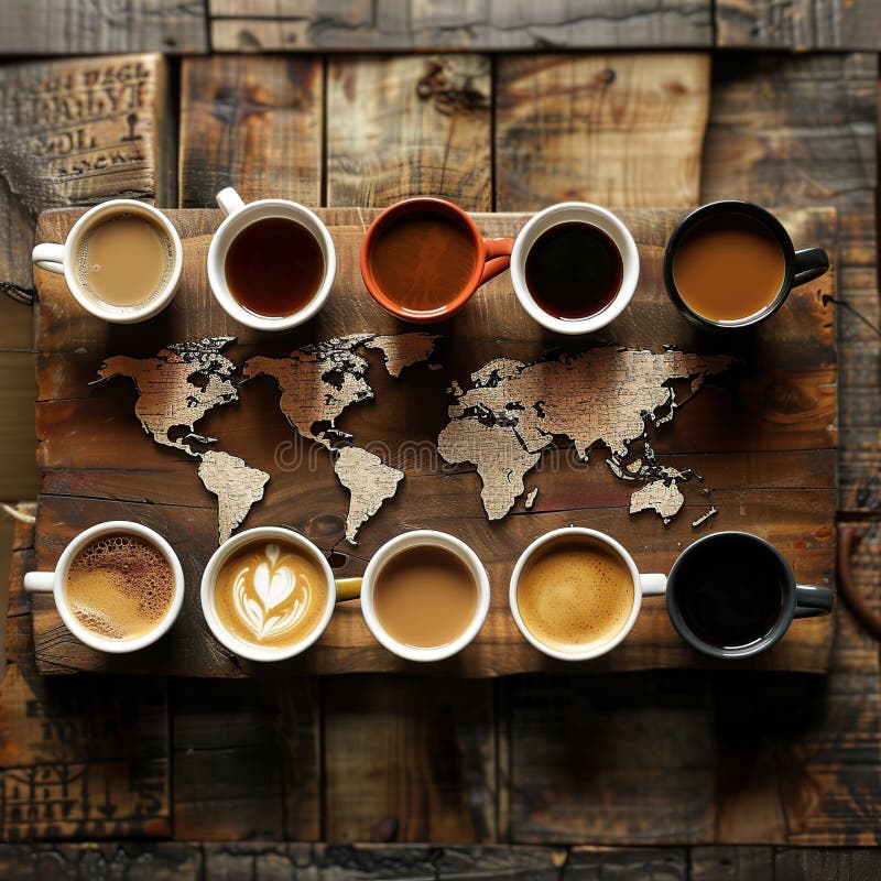 Ten Cups of Coffee Variations on World Map Stock Illustration ...