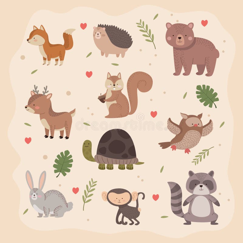 Ten cute animals icons stock vector. Illustration of monkey - 239254202