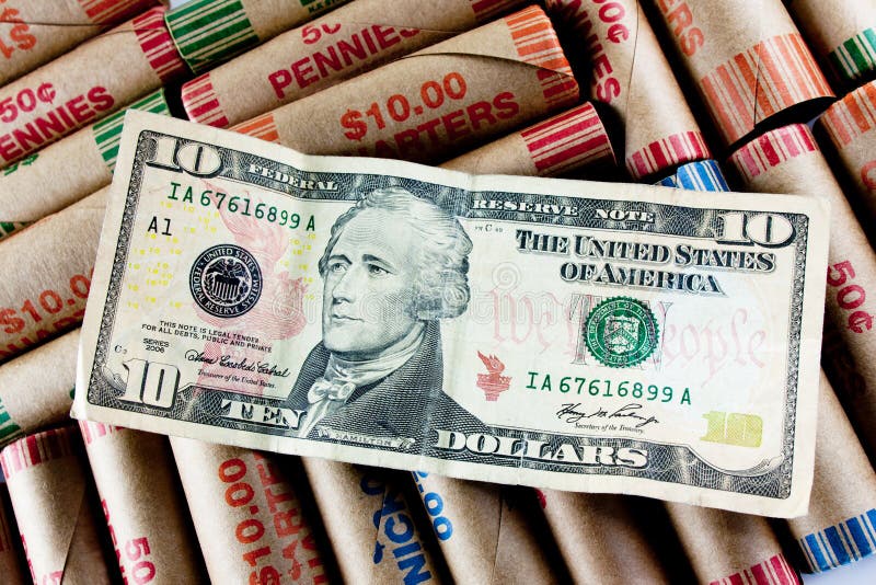 Ten Dollar Bill on Coin Wraps Stock Image - Image of penny, cents: 22922229