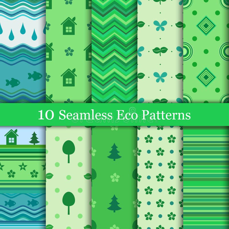 Ten Eco Seamless Patterns in Green Colours Stock Vector - Illustration ...
